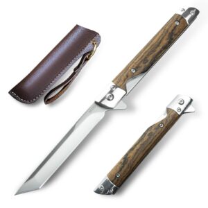 ogival pocket knife for men, 3.5 inch folding knife with wooden handle and leather sheath, edc ​tanto knife for men and women