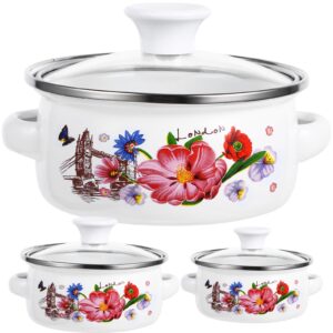 amosfun mini soup pot retro floral enamelware pot with lid - 4.5 inch 5.5 inch 8 inch assortment ramen soup pot with handle ears