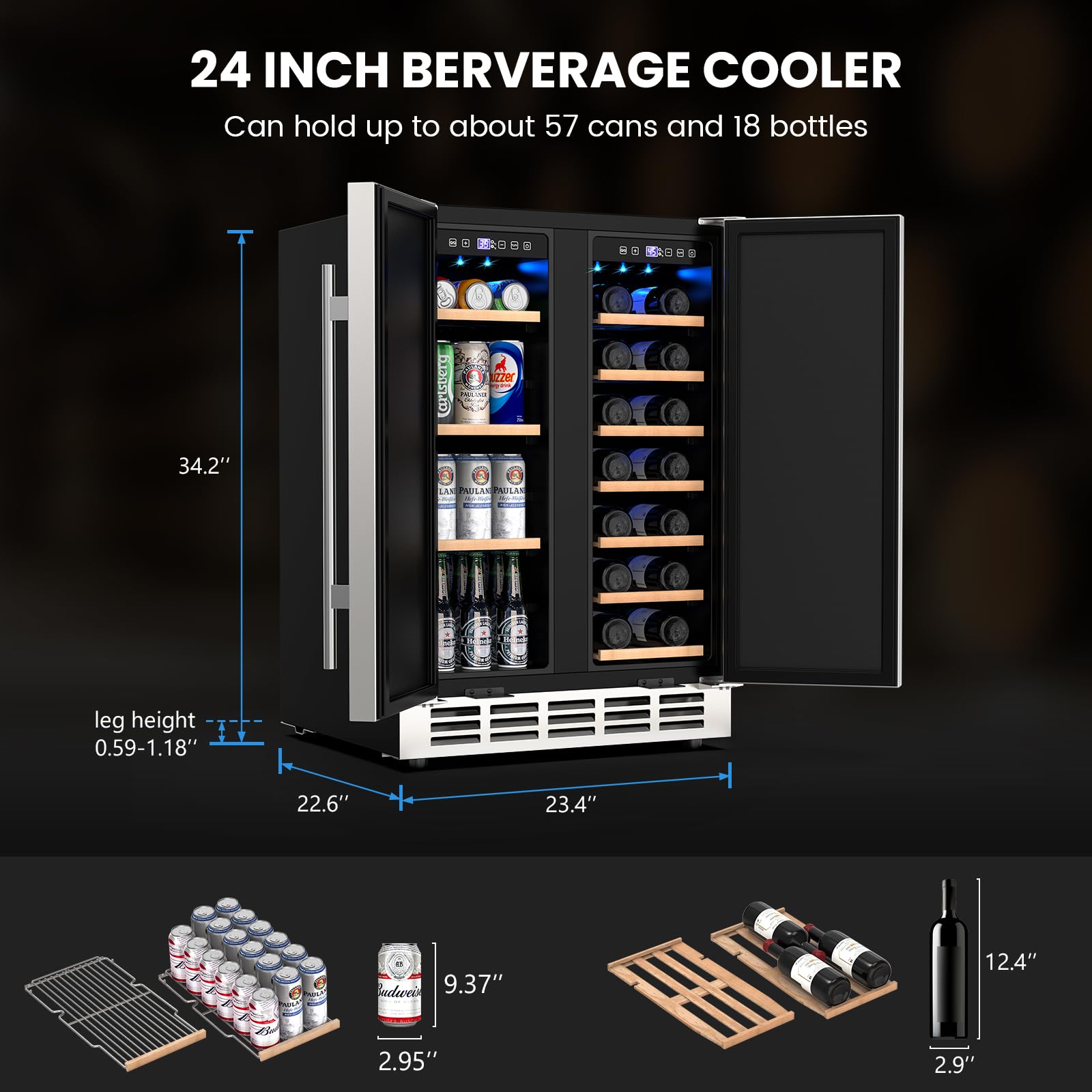 Mojgar 24 Inch Outdoor Wine and Beverage Refrigerator, Weather Proof Dual Zone Wine Fridge, Under Counter Wine Cooler Beer Fridge Built-In or Freestanding, Holds 20 Bottles and 57 Cans