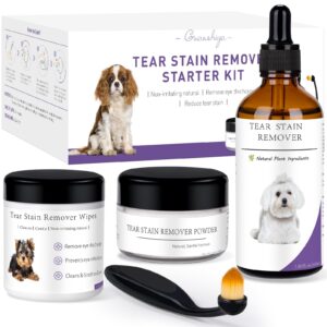 guanshiya dog tear stain remover starter kit, with witch hazel extract, remove tear stains, discharge & mucus, includes stain solution, applicator wipes, stain powder & brush, lasts 30-45 days