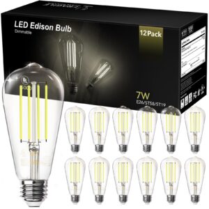 volivo edison light bulbs, dimmable 7w vintage led bulbs, e26 medium base, daylight white 5000k, ultra bright, st58, 60w equivalent, 80+cri,clear glass filament bulbs, classic antique style 12 pack