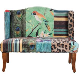 maykoosh modern motifs bird collage print settee with plush velvet upholstery, adjustable foot pads, and sturdy wood frame - 38” h for vibrant living room or hallway seating