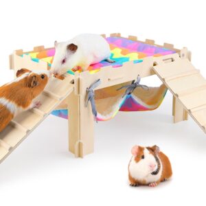 guinea pig hideout with hammock, soft guinea pig hammock wooden guinea pig house with stairs large guinea pig toys fit guinea pig cages durable guinea pig accessories for small animals