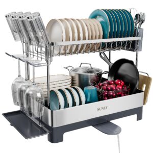 sunly large dish drying rack, dish racks for kitchen counter, 304 stainless steel kitchen drying rack, multipurpose 2 tier dish drying rack, extra large dish dryer with rotatable spout, gray