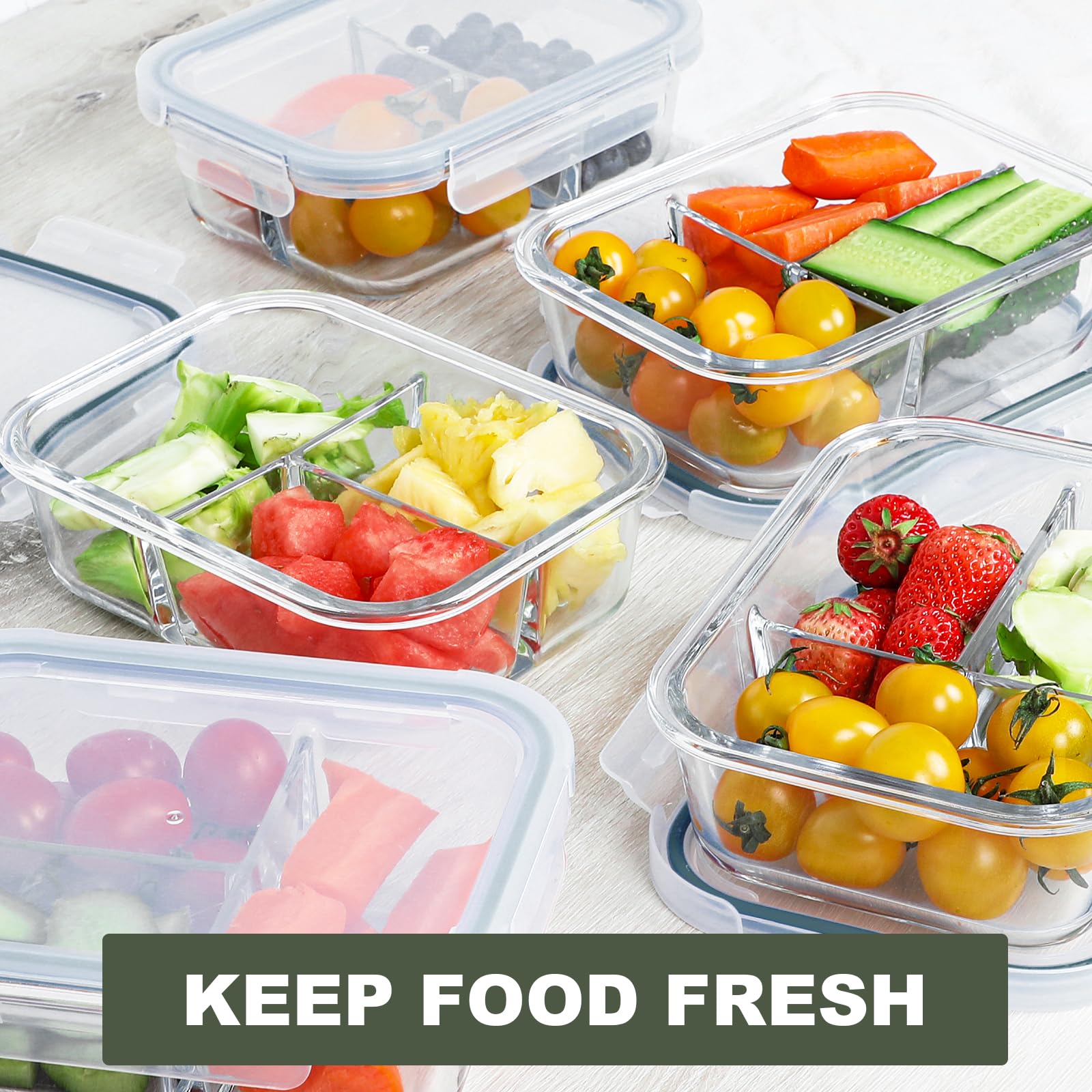 BAYZZ 5 Pack 35 Oz Glass Meal Prep Containers 3 Compartments, Glass Food Storage Containers with Lids, Airtight Bento Box Lunch Container-Microwave, Freezer & Dishwasher Safe