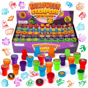 artcreativity bulk halloween stampers for kids - set of 100 halloween stamps - assorted trick or treat stamper designs for halloween - non-candy halloween trinkets for kids 3 4 5 6 7+