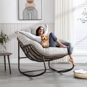 large indoor outdoor rocking chair, oversized rocking papasan chair with thick cushion and frame outdoor rocker, comfy wicker egg chairs lounge for outside porch patio backyard balcony (beige)