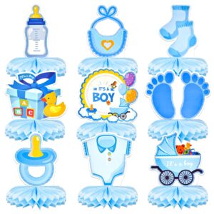 9 pieces blue baby boy honeycomb centerpieces table decor, it's a boy welcome newborn pattern table topper ornaments signs for gender reveal baby shower party decorations photo booth props