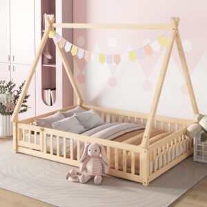 mirightone tent floor bed for kids full size montessori floor bed with slats and guardrails wood teepee bed frame with fence and door for boys girls, natural