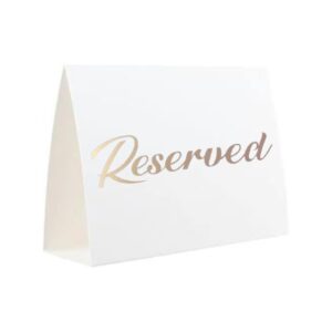 25 pack gold reserved table cards for wedding with gold foiled letters- seating signs for chairs church pews double sided signs tent reservation cards celebration accessories (set of 25, white)