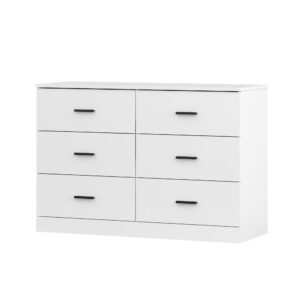 modern 6 drawer dresser for bedroom, wood wide chest of drawers floor storage lateral drawer cabinet organizer with metal handles for home office (white)