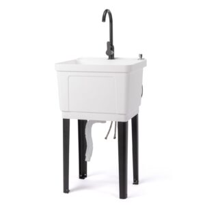 vingli utility sink laundry tub for washing room, freestanding utility sink with stainless steel faucet, (white, 19.7"w x 18.9"d x 33"h)