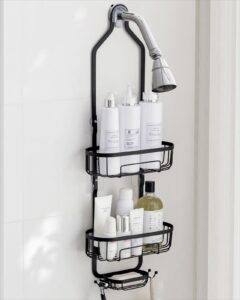 baffect shower head caddy, upgraded extended metal shower storage rack, rust-resistant bathroom organizer with soap holder and hooks (matte black)