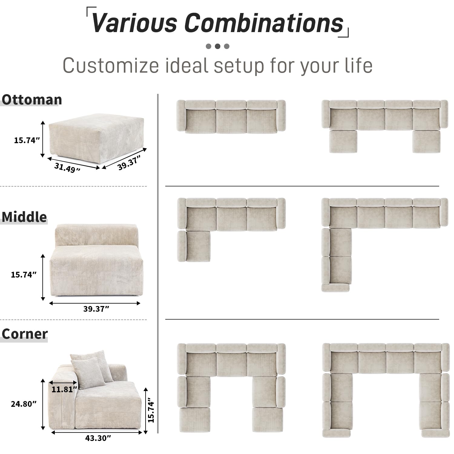 WJShome Modular Sectional Sofa Couch,102inch Oversized LoveSofa,Upholstered with Corduroy Fabric Couches with 4 Pillows,Cushion Covers Removable, Comfy for Living Room, Office, Apartment,Beige