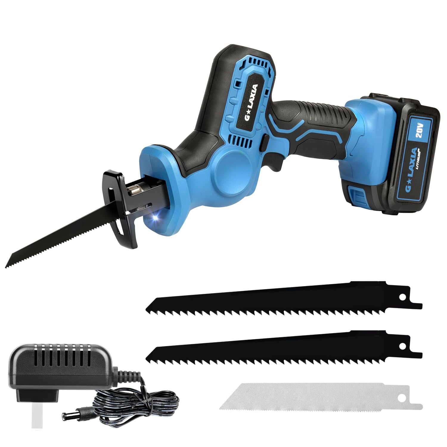 G LAXIA Reciprocating Saw, 20V Cordless Reciprocating Saw with 4.0Ah Battery, Tool-Free Blade Change, 3Pcs Blades for Wood, Soft Metal, PVC Pipe Cutting