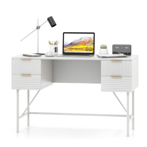 giantex modern desk with 4 drawers, 48 inch computer desk with storage, heavy-duty gold metal frame, makeup vanity dressing table, white and gold desk for bedroom study home office