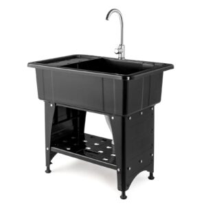 vingli utility sink laundry tub for washing room, freestanding utility sink with stainless steel faucet, (black, 32.3"w x 22.4" d x 43.3"h)