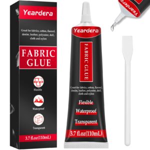 yeardera fabric glue, 110ml clear fabric glue for clothing permanent washable, fabric fusion glue for all fabrics, clothes, leather, cotton, flannel, denim, polyester, doll repair