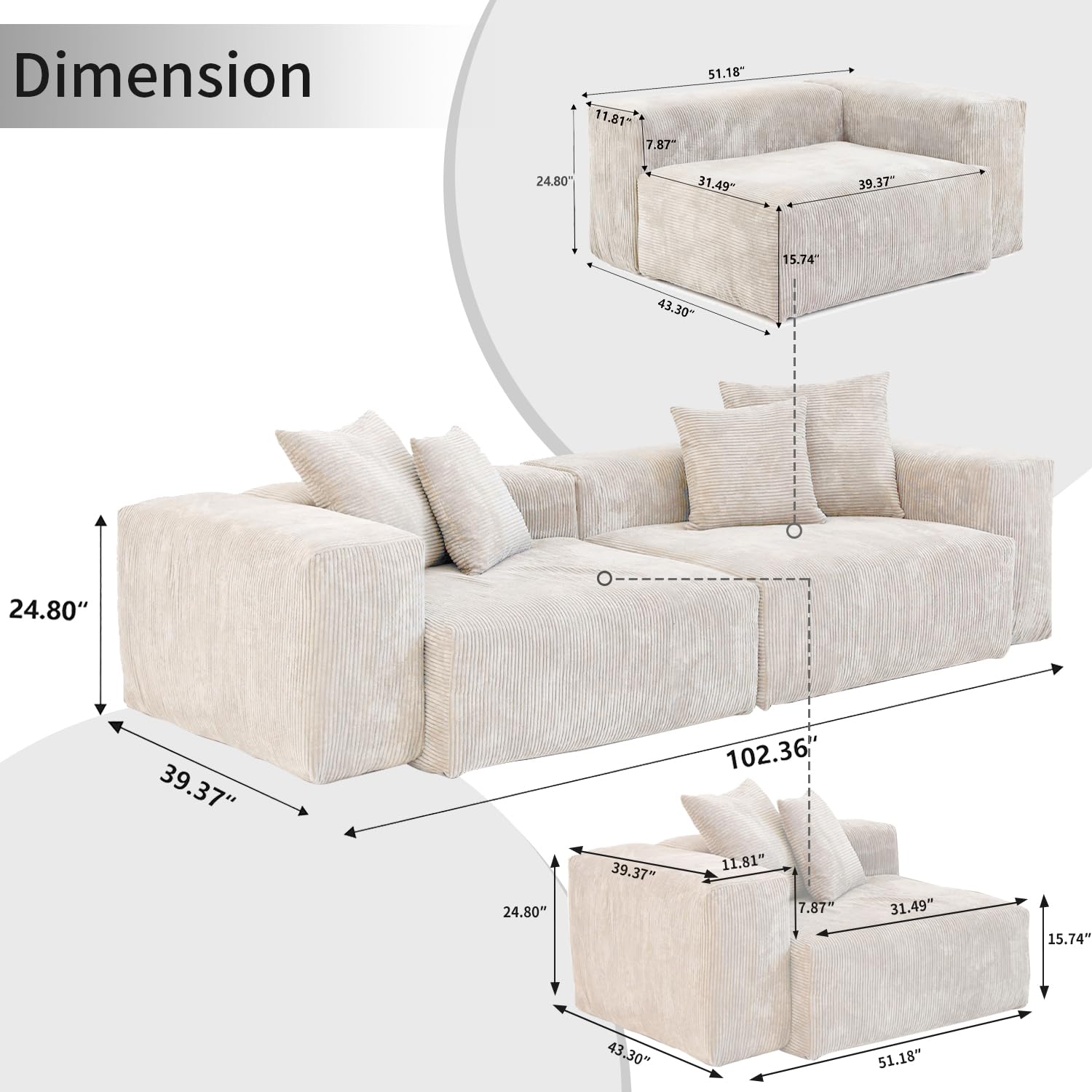 WJShome Modular Sectional Sofa Couch,102inch Oversized LoveSofa,Upholstered with Corduroy Fabric Couches with 4 Pillows,Cushion Covers Removable, Comfy for Living Room, Office, Apartment,Beige