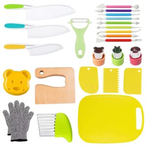 ikumar 25 pcs wooden kids kitchen knife set include plastic kids knife, crinkle, sandwich cutter, y peeler, cutting board, gloves, fruit mold cutters and carving shaping tools