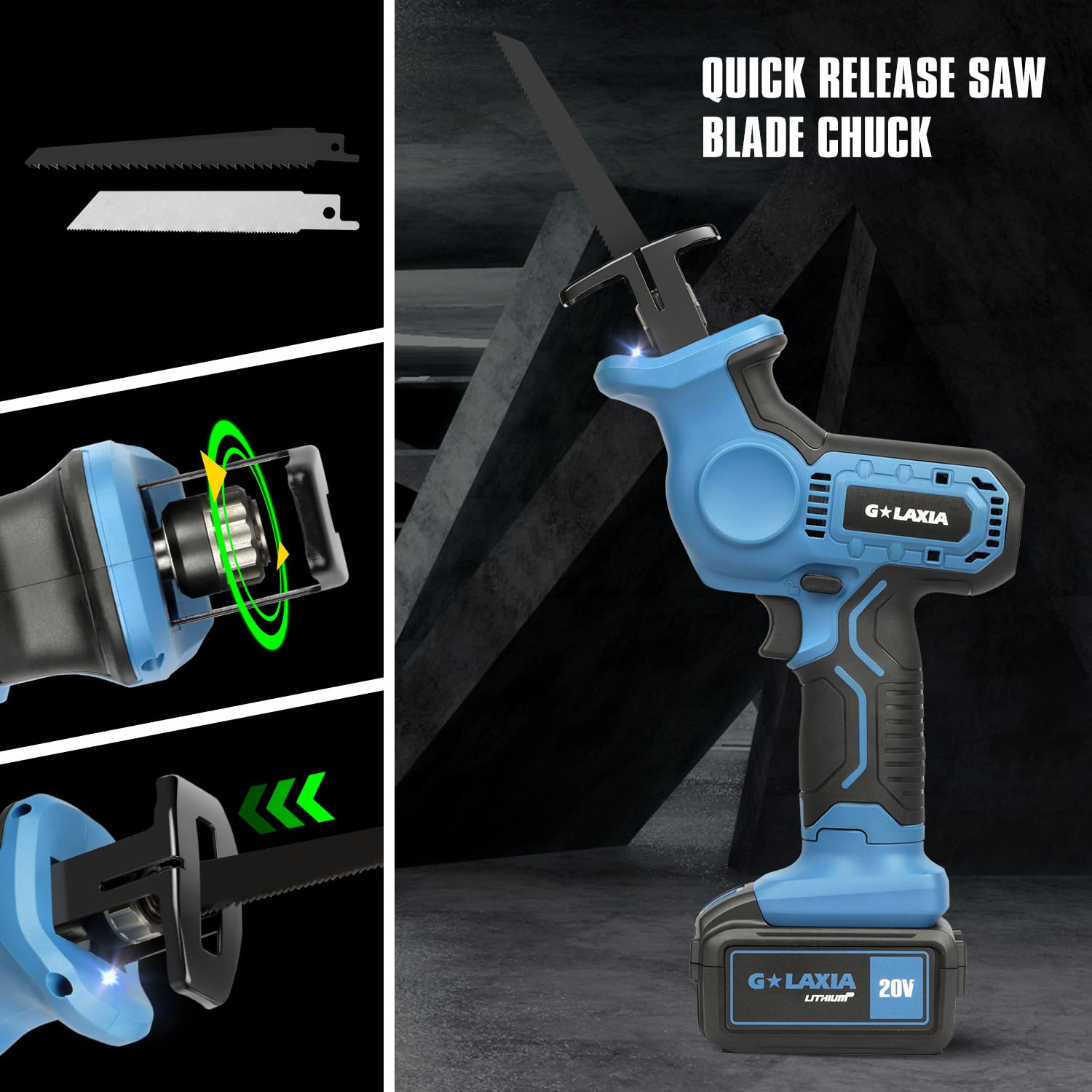 G LAXIA Reciprocating Saw, 20V Cordless Reciprocating Saw with 4.0Ah Battery, Tool-Free Blade Change, 3Pcs Blades for Wood, Soft Metal, PVC Pipe Cutting