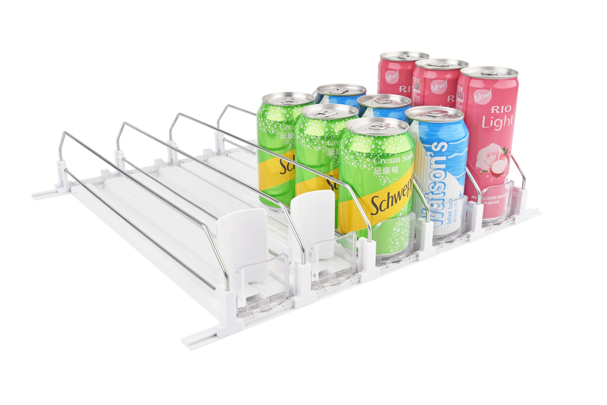 Drink Dispenser for Fridge, Self-Pushing Soda Can Organizer for Refrigerator, Width Adjustable Beverage Pusher Glide, Beer Pop Can Water Bottle Storage for Pantry, Kitchen - 5 Row (White, 380-5）