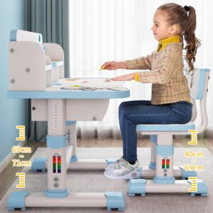 hesitroad kids study desk and chair set,adjustable children's desk and chair height children school study table with cartoon pattern,desk chair with large writing board, bookshelf and book bucket blue