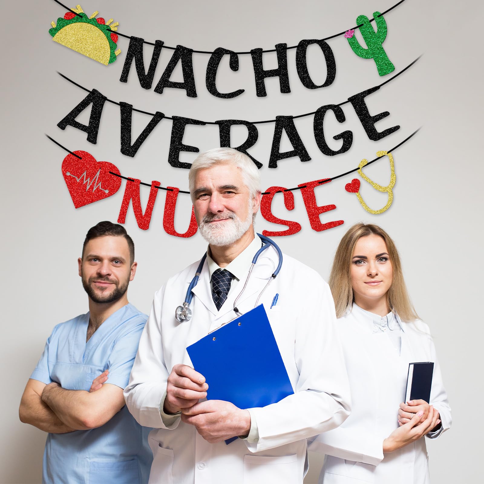 FOZEE Nacho Average Nurse Banner, Pre-strung Mexican Best Nurse Banner, Cinco De Mayo Fiesta Party Decorations, New Nurse Graduation Party Decor, Black & Red Glitter