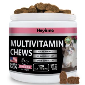 heyisme lysine supplement for cats, cat treats for sneezing and runny nose, cat cold, cat immune support, eye function, and respiratory health, l-lysine cat vitamins for cats (salmon, 120 chews)