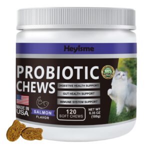 heyisme cat probiotic, chews for gut and immune health, cats probiotic supplement for cat digestive support, healthy digestion, cat constipation and diarrhea relief (salmon, 120 chews)