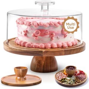 acacia wood christmas cake stand with lid - 12 in round cake holder, thanksgiving and christmas hosting essential, dessert table display set & charcuterie board for cheese, chips, acrylic cake dome cover