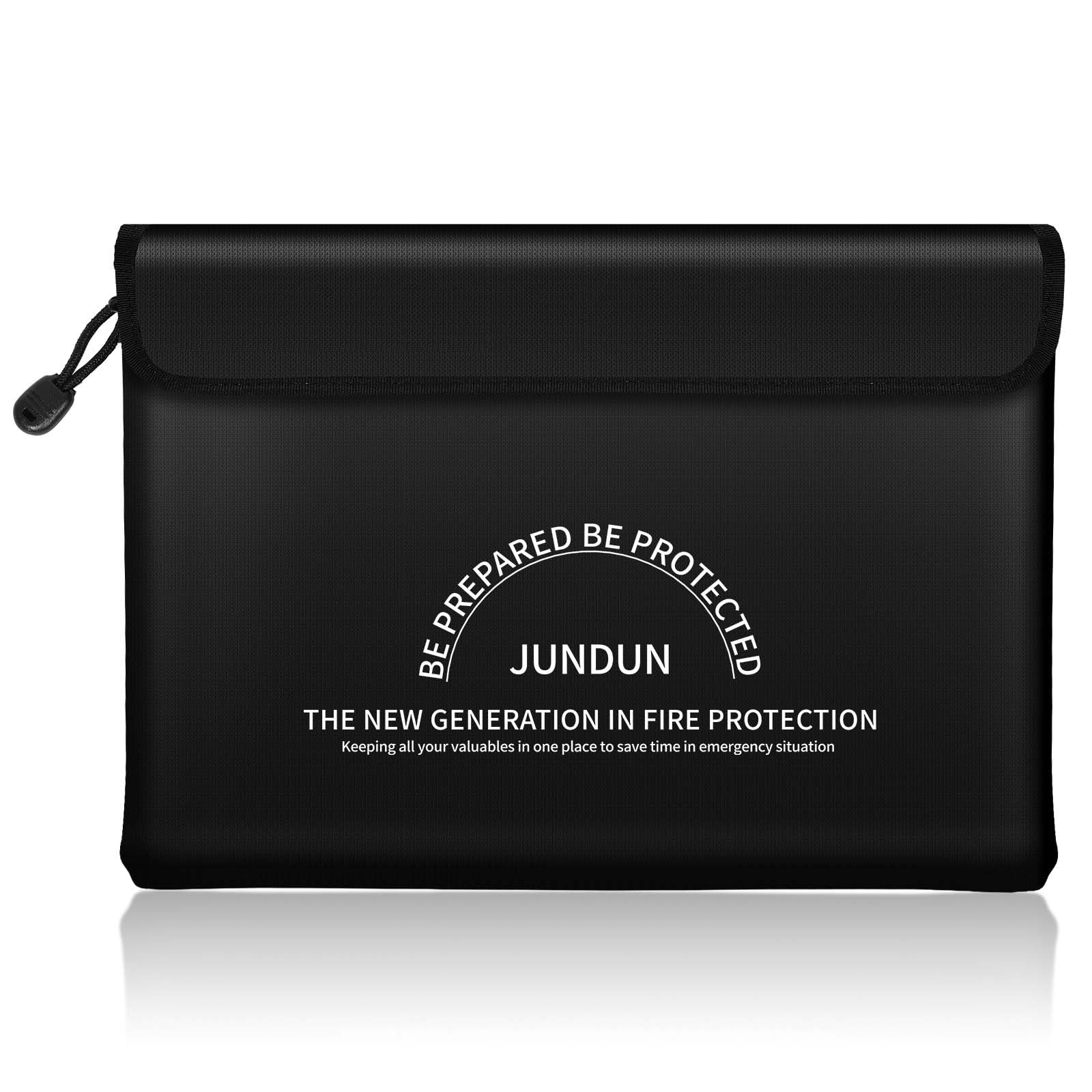 JUNDUN Fireproof Document Bag with 5200℉ Heat Insulated,14.0”x10.4” Waterproof and Fireproof Money Bag,8 Layers Thickened Fire Safe Storage Bag Pouch with Zipper for Document,Money,Black and Large