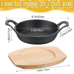 FoldTier 2 Set Small Cast Iron Skillets Mini Round Cast Iron Skillets Set 6.3 Inch 4.9 Inch Skillet Fajita Plate with Wooden Base Steak Skillet Dish Pan for Kitchen Restaurant Barbecue(6.3 Inches)