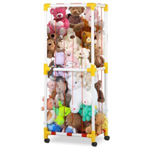 display riser upgrade stuffed animal storage, large stuffed animal organizer with elastic band and net, space save plush toy holder, pvc stuffed animal zoo cage for nursery play room