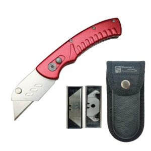 utility knife/box cutter/electrician knife/carpet knife folding with safe lock-back+nylon pouch+10 extra sk5 replacement blades+10 utility hook razor blades red