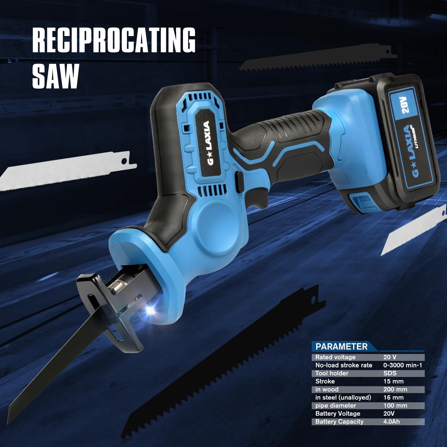 G LAXIA Reciprocating Saw, 20V Cordless Reciprocating Saw with 4.0Ah Battery, Tool-Free Blade Change, 3Pcs Blades for Wood, Soft Metal, PVC Pipe Cutting