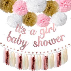 kiwayo baby shower decorations for girl- rose gold glitter banner, tissue paper poms, round dots garland and tassels garland- baby girl gender reveal birthday party decorations