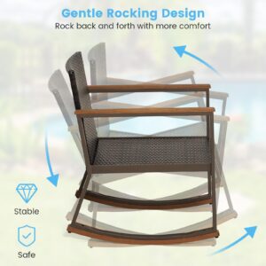 HAPPYGRILL 3 Pieces Rocking Bistro Set, Outdoor PE Wicker Rocking Chair with Coffee Table, Soft Seat Cushions Included, Gentle & Smooth Rocking Furniture Set for Yard Porch