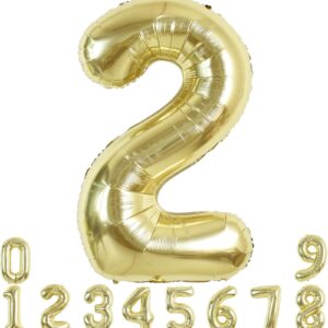 TONIFUL 40 Inch Light Gold Large Numbers Balloon 0-9 Birthday Party Decorations,Foil Mylar Big Number 2 Balloon Digital 2 for Birthday Party,Wedding, Bridal Shower,Engagement,Graduations,Anniversary