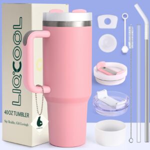 liqcool 40 oz tumbler with handle 2 straws and 2 lids, silicone boot & leak-proof spill stopper set, double wall vacuum insulated stainless steel tumbler keep cold 26h cupholder friendly(pink)