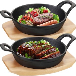 foldtier 2 set small cast iron skillets mini round cast iron skillets set 6.3 inch 4.9 inch skillet fajita plate with wooden base steak skillet dish pan for kitchen restaurant barbecue(6.3 inches)