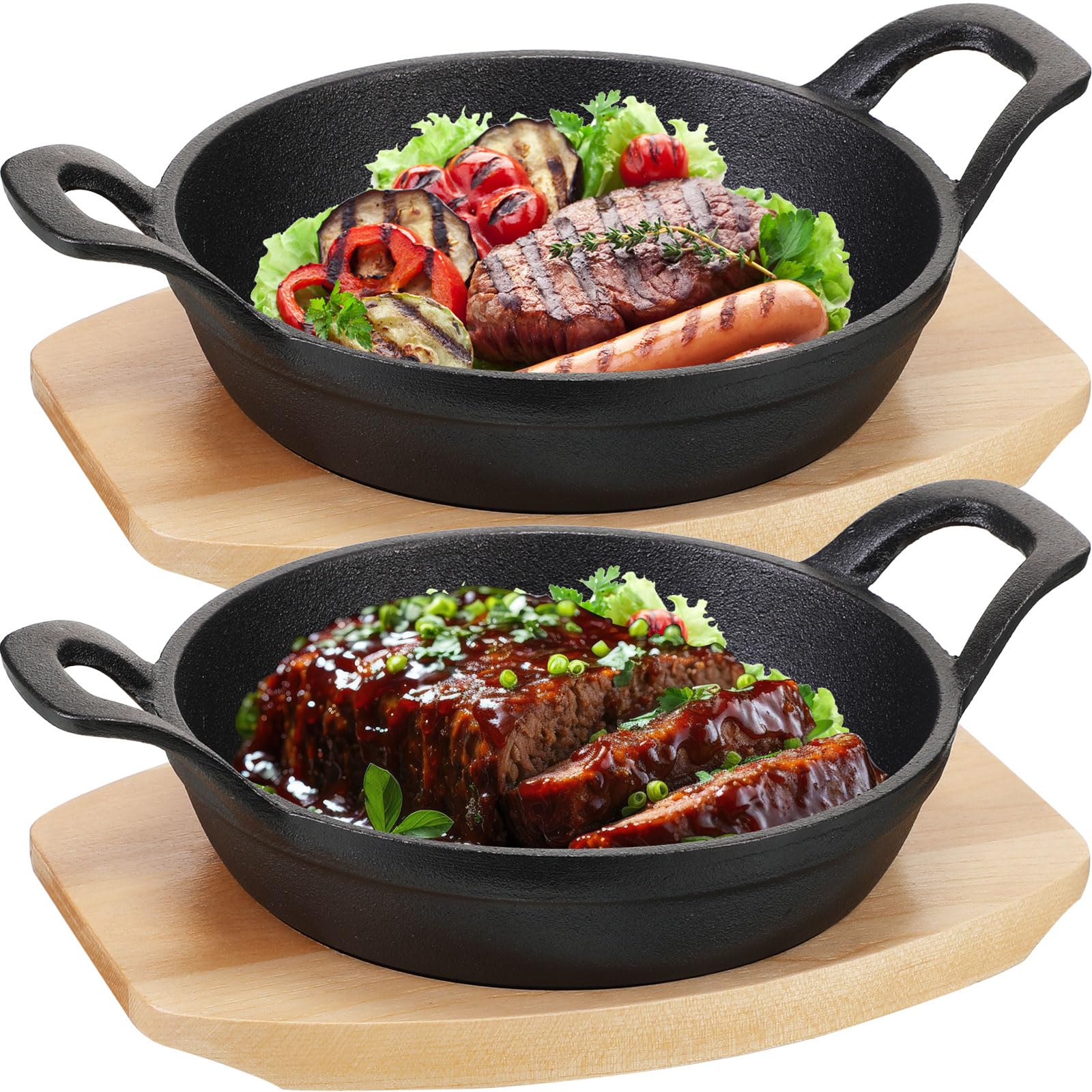 FoldTier 2 Set Small Cast Iron Skillets Mini Round Cast Iron Skillets Set 6.3 Inch 4.9 Inch Skillet Fajita Plate with Wooden Base Steak Skillet Dish Pan for Kitchen Restaurant Barbecue(6.3 Inches)