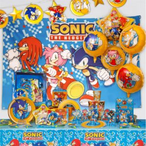 sonic the hedgehog birthday party kit - complete supplies for 10, video game themed decorations, licensed banner, plates, cups, balloons, games, and favors for kids' celebration