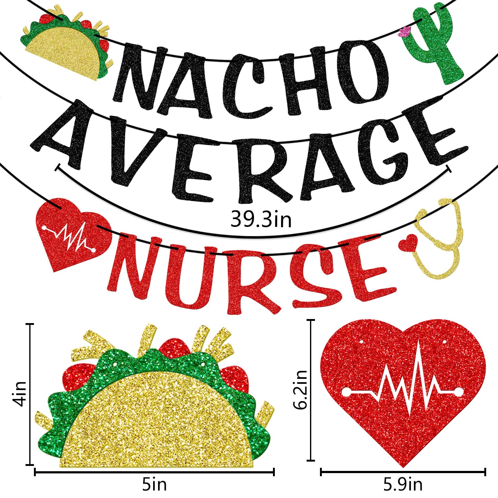 FOZEE Nacho Average Nurse Banner, Pre-strung Mexican Best Nurse Banner, Cinco De Mayo Fiesta Party Decorations, New Nurse Graduation Party Decor, Black & Red Glitter