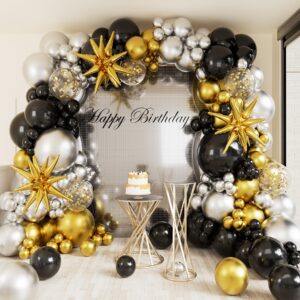 deiiom black gold balloons arch garland kit-metallic silver balloon chrome latex balloon gold explosion star foil balloon 151pcs for birthday,graduation,gender reveal,baby shower party decorations.