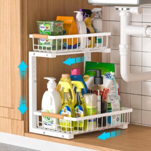 liuoud under sink organizer 1 pack, 2 tier slide out under sink organizers and storage, height adjustable pull out cabinet organizer drawers, kitchen bathroom metal sink storage shelves