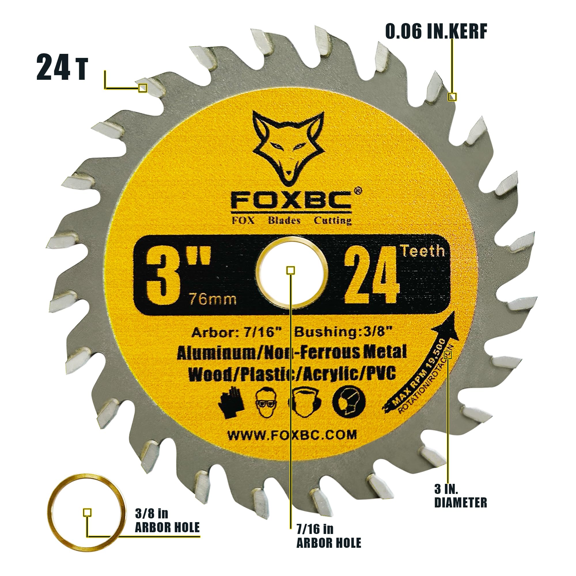 FOXBC 3 Inch Circular Saw Blade 24T Carbide Cuts for Wood, Plastic, PVC, Acrylic, Aluminum with 7/16" Arbor, Compatible with Dewalt, Dremel, Ryobi, Worx, Milwaukee, Ultra-Saws, RotoZip Saws - 3 Pack