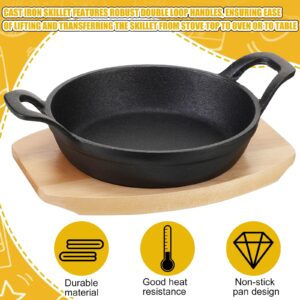 FoldTier 2 Set Small Cast Iron Skillets Mini Round Cast Iron Skillets Set 6.3 Inch 4.9 Inch Skillet Fajita Plate with Wooden Base Steak Skillet Dish Pan for Kitchen Restaurant Barbecue(6.3 Inches)