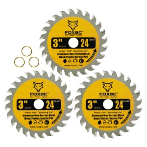 foxbc 3 inch circular saw blade 24t carbide cuts for wood, plastic, pvc, acrylic, aluminum with 7/16" arbor, compatible with dewalt, dremel, ryobi, worx, milwaukee, ultra-saws, rotozip saws - 3 pack