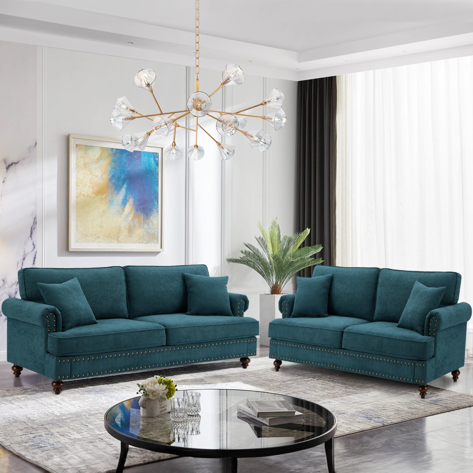 Mid Century Modern Sofa Set, 22" Extra Deep Seat juegos de muebles de sala Comfy Chenille Upholstered Living Room Furniture Sets with Rolled Arms Nailhead Trim (Lake Green, 2 Pieces A)